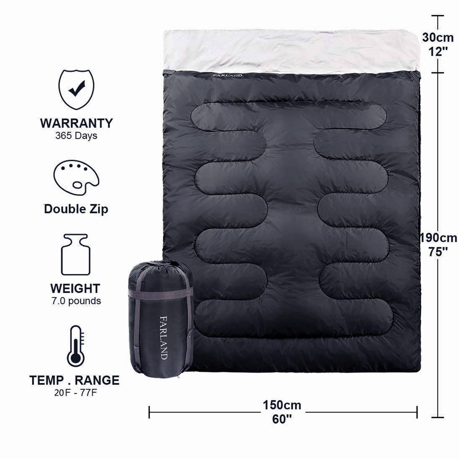 FARLAND Sleeping Bags 20℉ for Adults Teens Kids with Compression Sack Portable and Lightweight for 3-4 Season Camping, Hiking,Waterproof, Backpacking and Outdoors (Dark Grey Double, Rectangle)