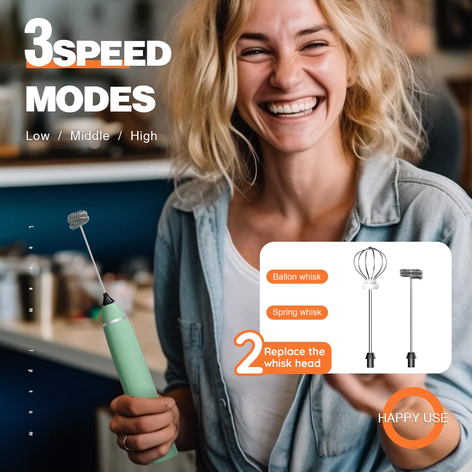 Laposso Milk Frother Rechargeable Handheld Electric Whisk Coffee Frother Mixer with 2 Stainless whisks 3 Speed Adjustable Foam Maker Blender for Coffee Matcha Latte Cappuccino(Avocado Green)