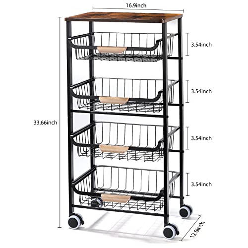 Kitchen Storage Rolling Cart, Kitchen Cart with Lockable Wheels, 5 Tier Metal Wire Basket Shelf Rolling Storage Cart with Wooden Handle, Wood Cover Top Kitchen Island Cart for Home, Office