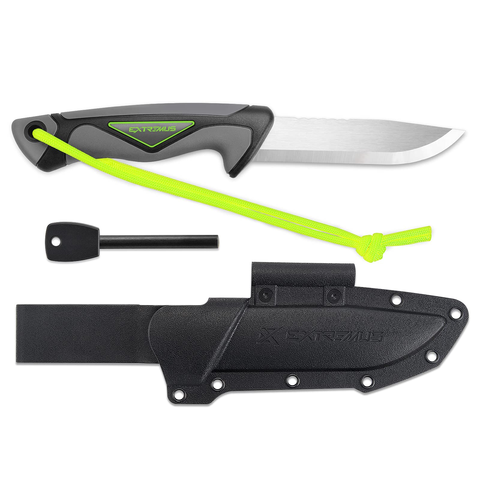 Extremus Camping Knife, Fixed Blade Outdoor Knife with 7CR17 Stainless Steel Blade, 3.5-Inch, Hunting Knife with Firestarter, TPR Molded Non-Slip Handle, Molded Safety Sheath, Paracode Lanyard