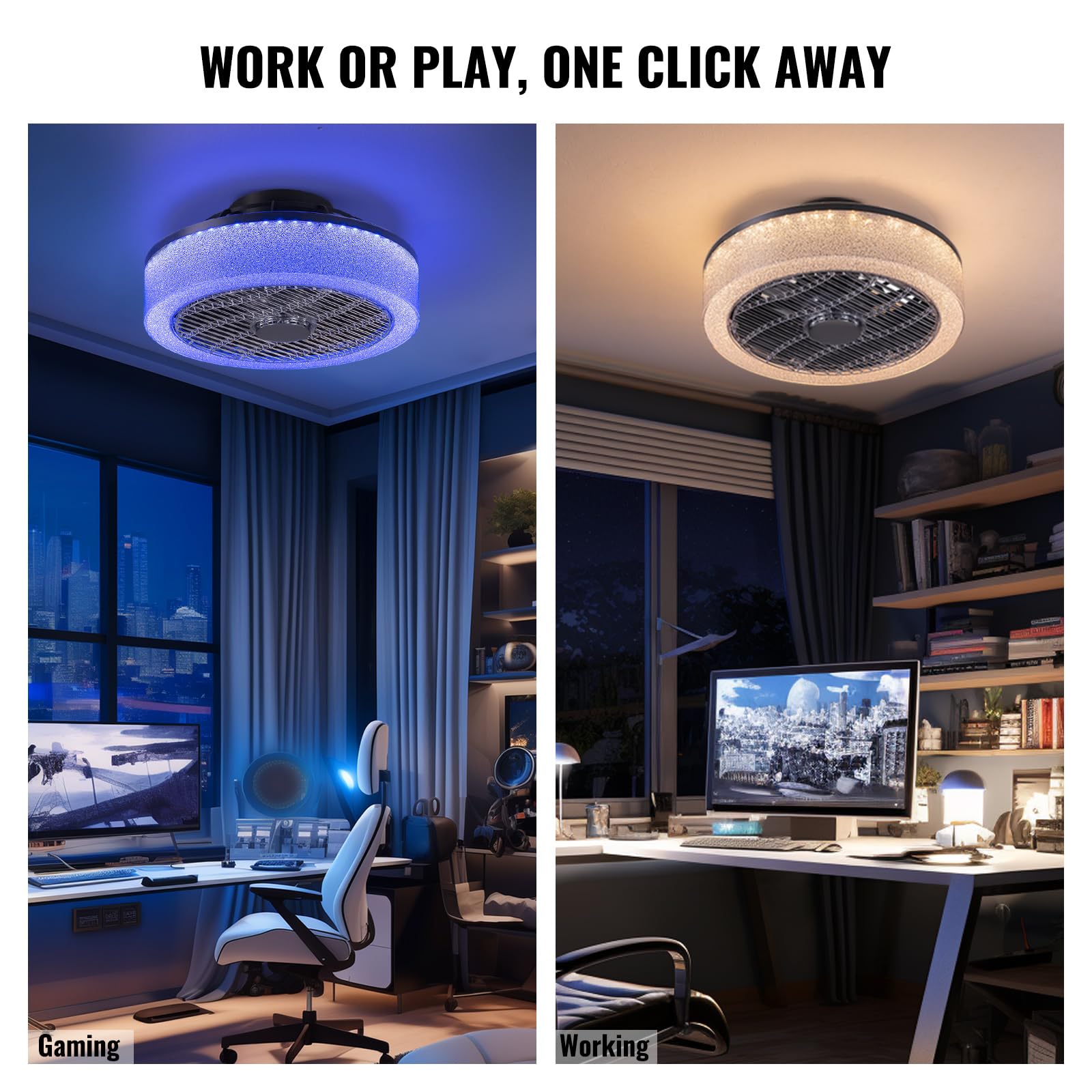 Elegant 20" Low Profile Caged Ceiling Fan Light, Antique Brown Lantern Design, Folding Diamond Farmhouse Bladeless Fandelier, Ideal for Dinning Room Studio