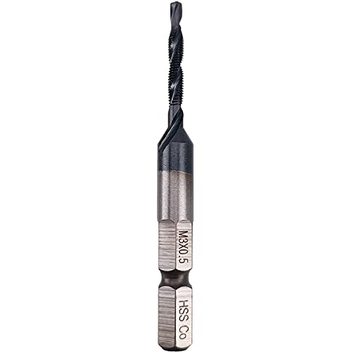 Hymnorq Metric M3 x 0.5 Black TiAIN Finish HSS Co M35 Drill and Tap Combination Bit with 1/4” Hex Shank and Self Centering Split Point for Aluminum Iron and Stainless Steel