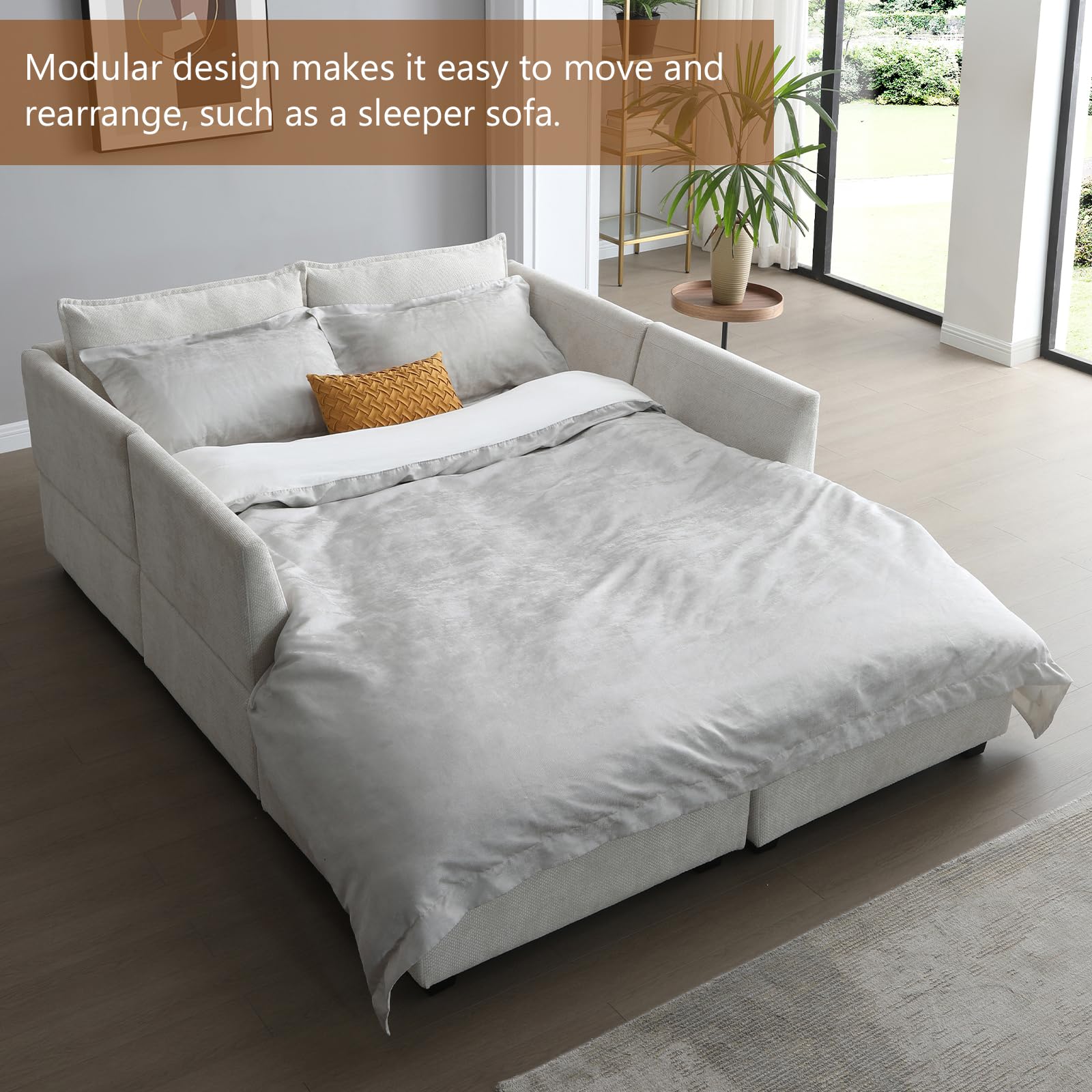 KIVENJAJA 130”W Oversized U-Shaped Down Filled Sectional Couch, 6 Seater Comfy Modular Cloud Sofa with 2 Ottomans, Modern Sleeper Sofa for Living Room, Linen Fabric, Beige