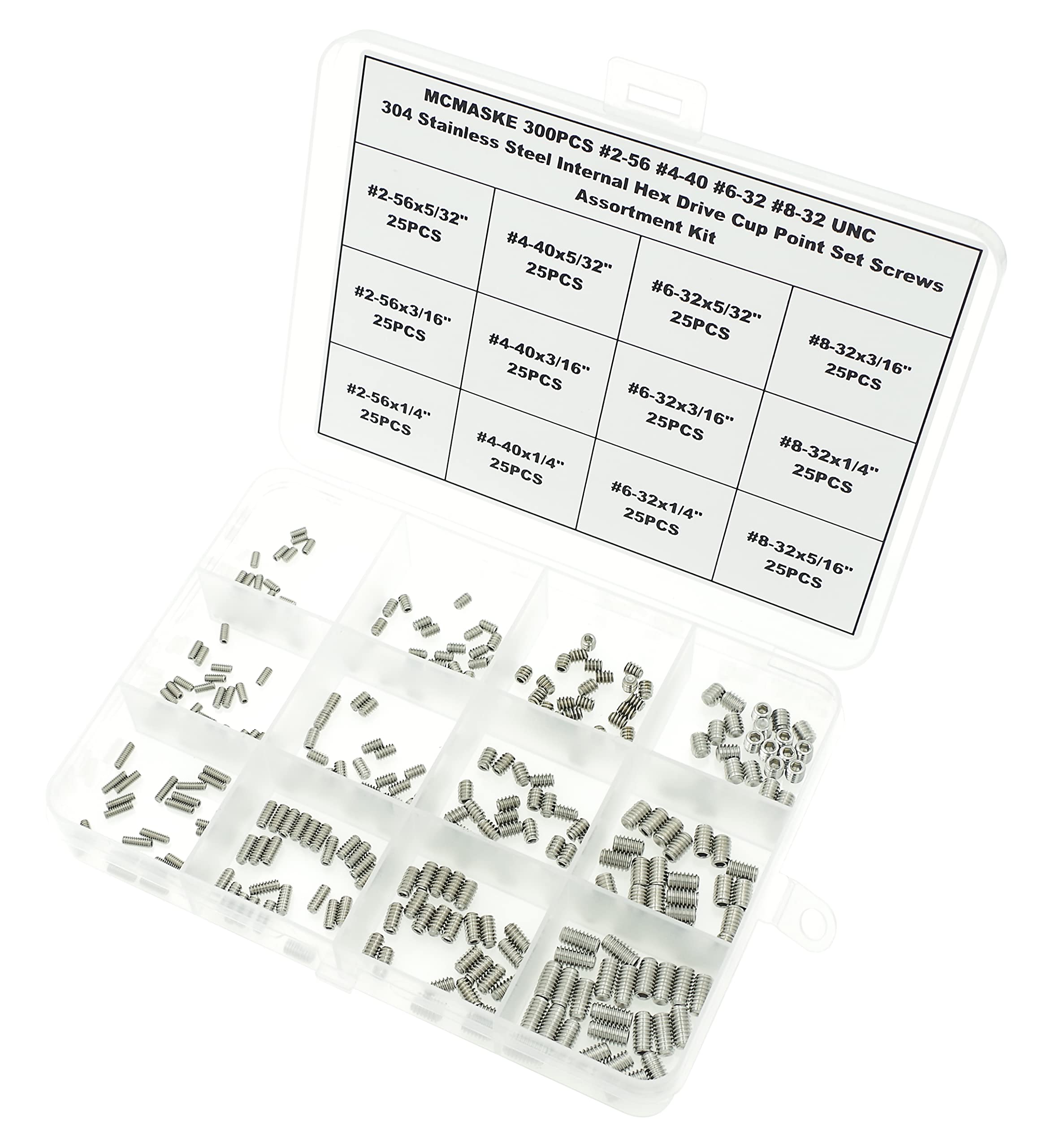MCMASKE 300PCS #2-56#4-40#6-32#8-32 UNC 304 Stainless Steel Internal Hex Drive Cup Point Set Screws Assortment Kit