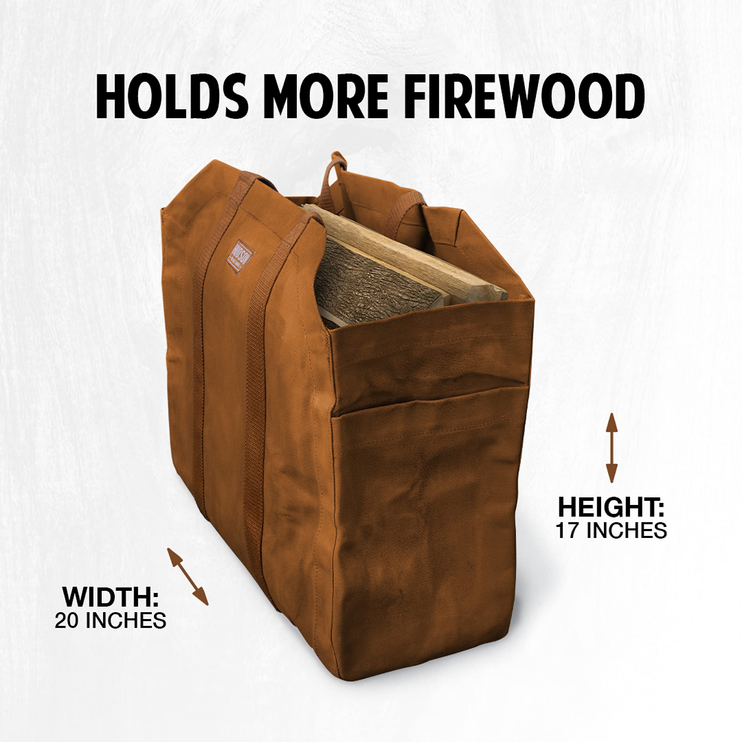 Hudson Durable Goods Premium Quality Waxed Canvas Firewood Carrier - 20β W x 17β H Large Firewood Bag with Enclosed Sides, Webbed Cotton Straps, & 2 Big Pockets - Water Repellent Fireplace Log Holder