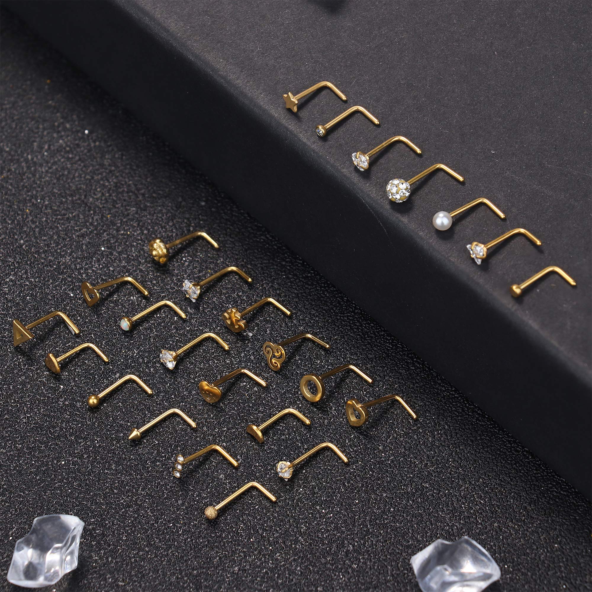 Drperfect 20G 25Pcs Nose Rings Studs Stainless Steel Bone Screw L Shaped Nose Body Piercing for Womens Mens