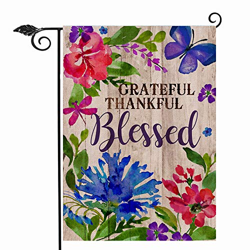 Hzppyz Grateful Thankful Blessed Thanksgiving Garden Flag, Decorative Small Outdoor Flag Flower, Rustic Burlap Christmas House Yard Flag Spring Outside Holiday Decoration Home Decor Flag 12.5 x 18