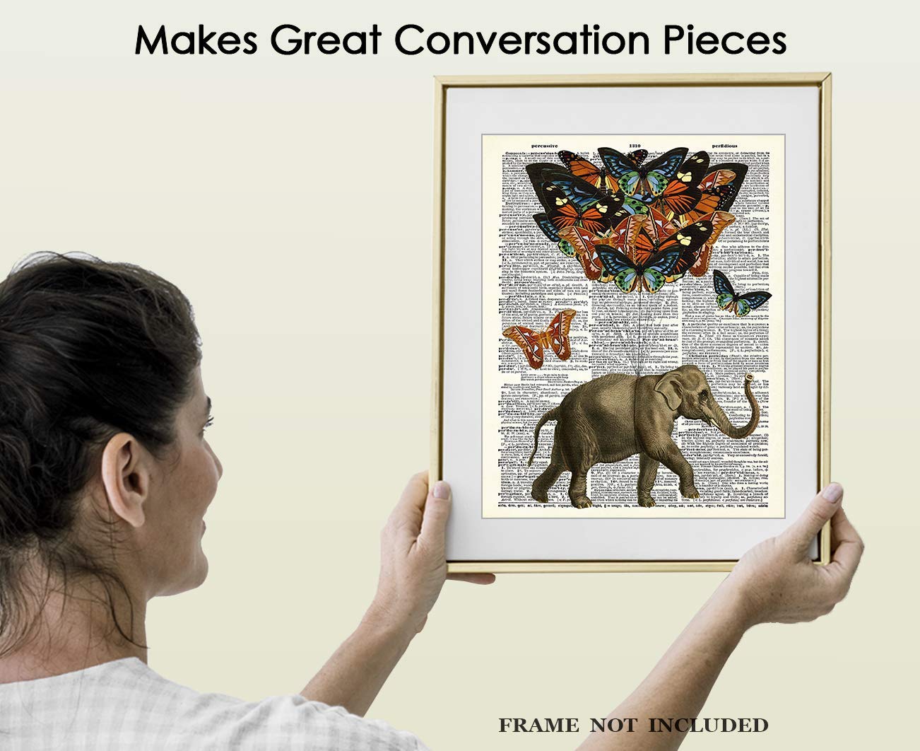 Elephant With Butterfly Balloons Dictionary Wall Art Print: Unique Room Decor for Boys, Men, Girls & Women - (8x10) Unframed Picture