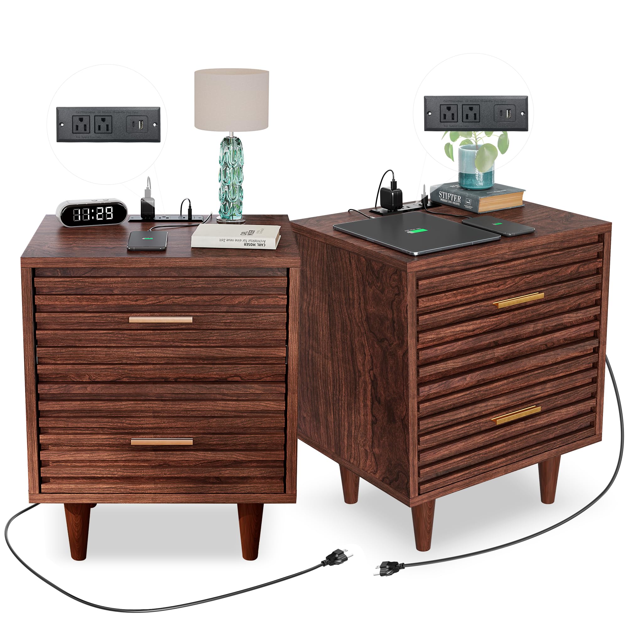Night Stand with Charging Station Set of 2, Side Table with 2 Drawers, Mid Century Modern End Table with Storage, Bedside Table with USB Ports and Outlets, Nightstand for Bedroom, Brown 2PCS