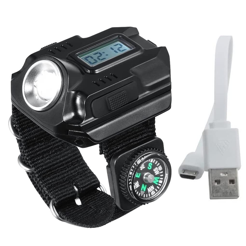 GGRBH LED Wrist Flashlight Rechargeable Compass Watch Light Portable Wrist Light XPE Outdoor Camping Hiking Lighting Tool