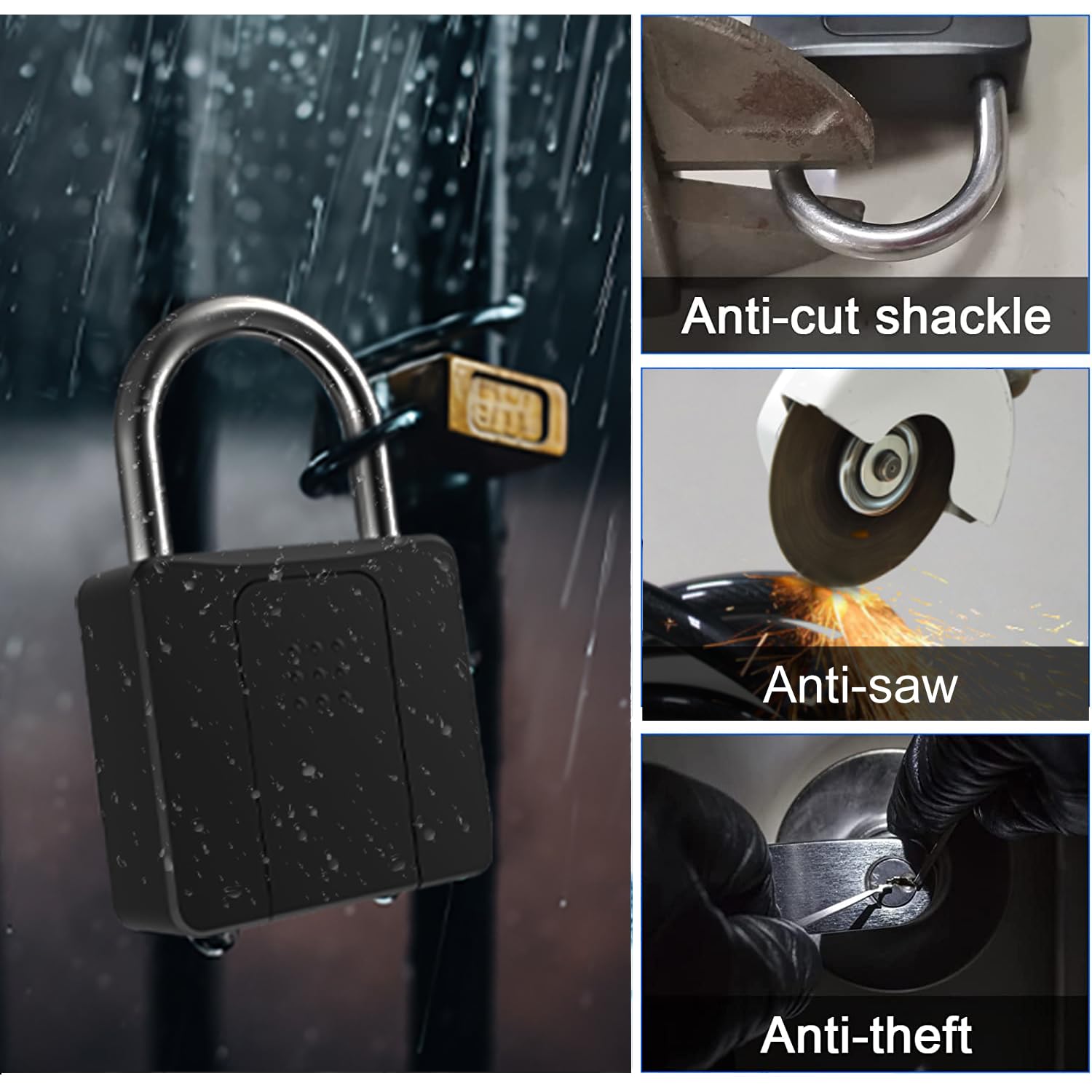 Key Padlock with Fingerprint Bluetooth App eLinkSmart Combination Lock: Large Padlock for Truck Gate Footlocker Gym Locker Outdoor Waterproof Heavy Duty Support iOS Watch