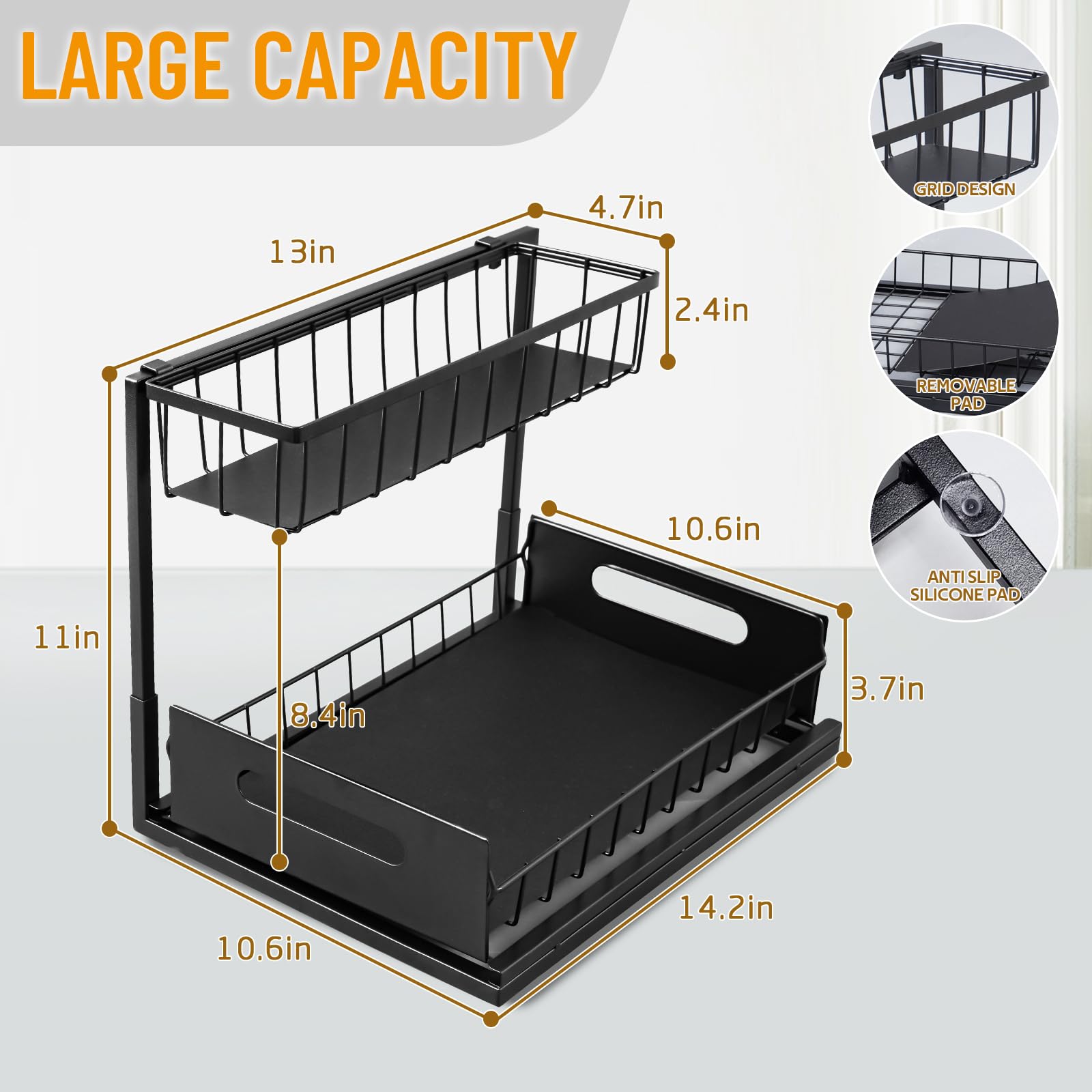 Ktinnead 2 Pack Under Sink Organizer, 2 Tier Metal Pull Out Under Sink Organizers and Storage with Sliding Drawer, Sliding Cabinet Organizer Under Sink Organizer for Kitchen Bathroom Cabinet,Black