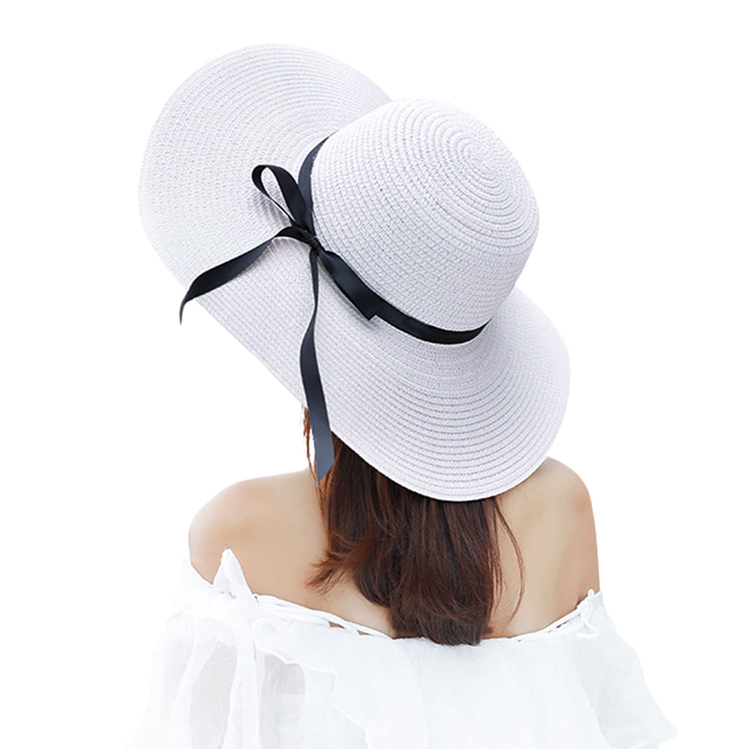 FARVALUE Womens Straw Hat Wide Brim Floppy Beach Cap Adjustable Sun Hat for Women UPF 50+ White