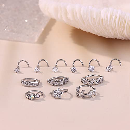 Drperfect 20G Surgical Steel Nose Ring Hoop for Women Men Paved CZ Leaf Flower Nose Piercing Jewelry L Shaped Screw Bone CZ Nose Ring Stud Set