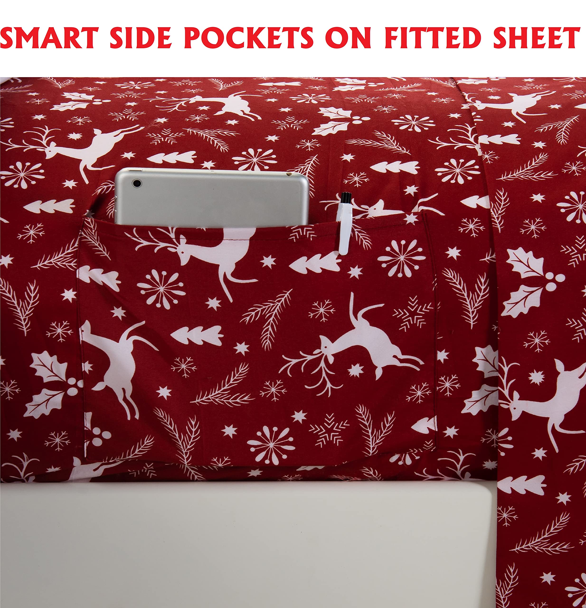 Elegant Comfort Luxury Soft Bed Sheets Holiday Pattern 1500 Premium Hotel Quality Microfiber - Softness Wrinkle and Fade Resistant (6-Piece) Bedding Set, Queen, Burgundy Reindeer