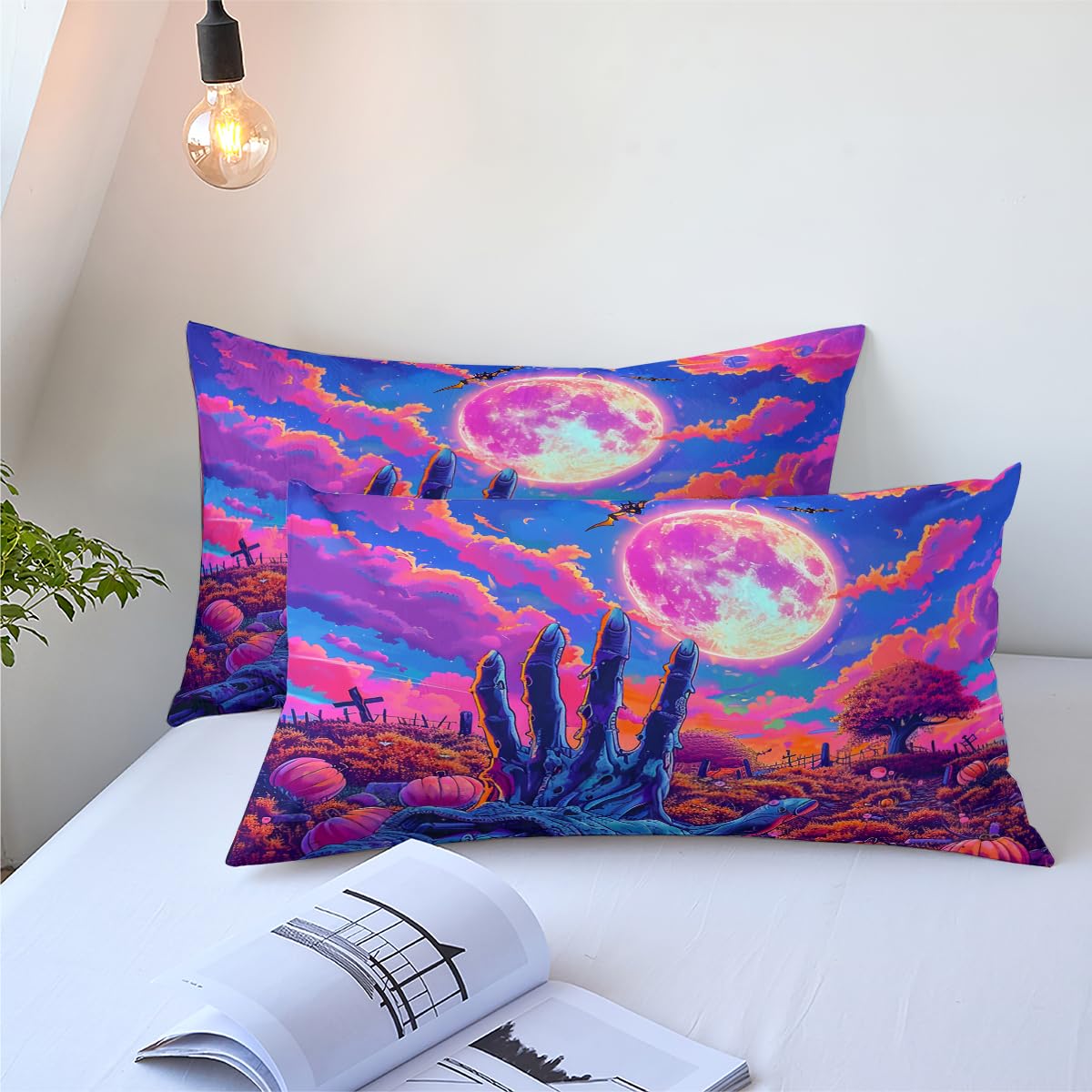Menkala Zombie Hand Duvet Cover King Halloween Pumpkin Bedding Set Graveyard Undead Hand Comforter Cover Horror Scary Skull Pattern Bed Sets 3 Pieces Ultra Soft Washed Microfiber