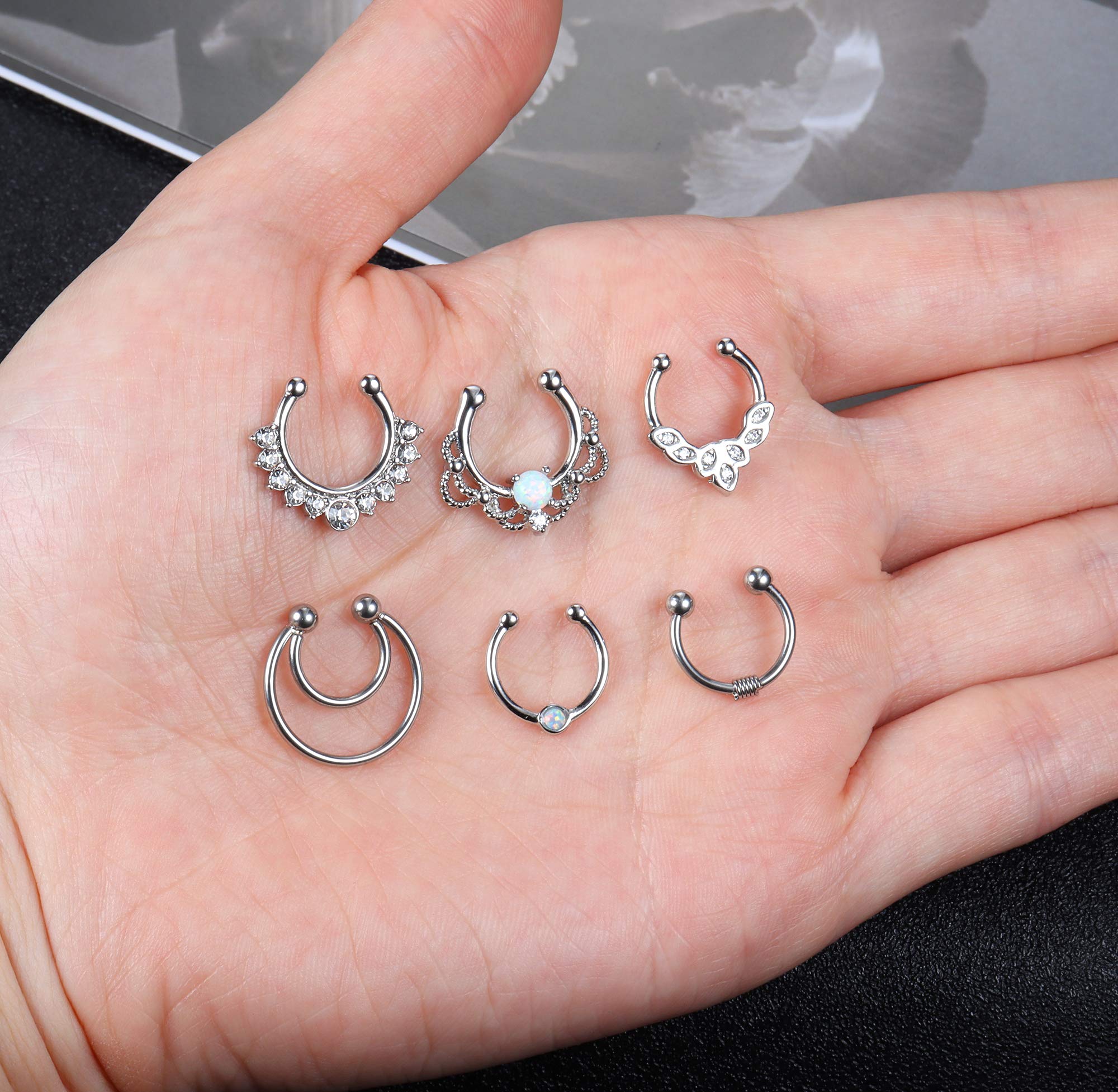 Drperfect 6Pcs Opal Fake Septum Ring for Women CZ Nose Ring Non-Pierced Clip On Nose Hoop Jewelry