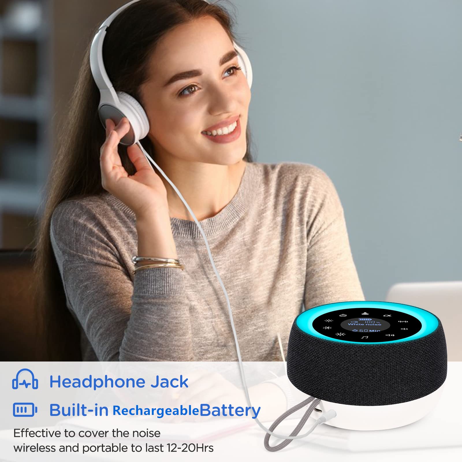 White Noise Machine with Warm Night Light for Adults Baby Sleeping, Sound Machine for Bedroom Kids with 32 Soothing Sounds, 6 Timers, Rechargeable & Headphone Jack