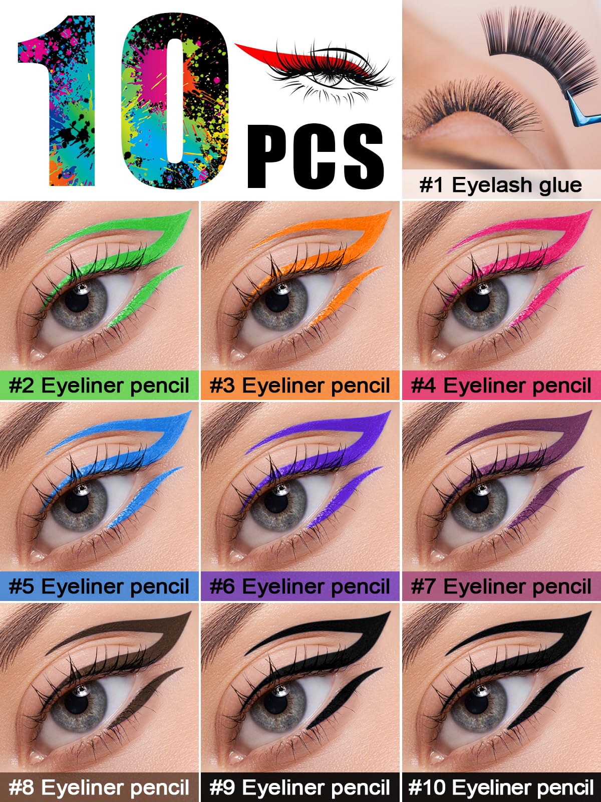 EBANKU 9 PCS UV Glow Neon Matte Liquid Eyeliner Set with 1 PCS Lash Glue Colorful Long Lasting Eyeliner Pencil Halloween Christmas Eyes Makeup Kit