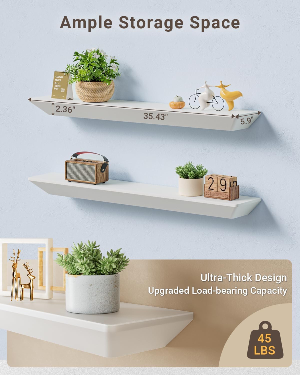 QueenFun 36 Inch White Floating Shelves, 6'' Deep Large White Floating Shelves for Wall, Easy Hanging Wall Shelves for Bedroom Living Room Bathroom Nursery, 2-Pack Crown Molding Decorative Shelves