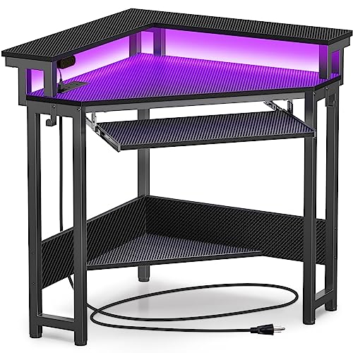 Rolanstar Corner Desk, 44.5" W x 34.5" H Small Carbon Fiber Computer Desk with Power Outlets, LED Lights and Keyboard Tray, Small Office Computer Desk with Monitor Stand for Small Space, Carbon Black