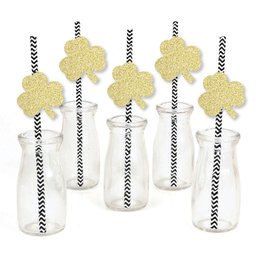 Gold Glitter Shamrocks Party Straws - No-Mess Real Gold Glitter Cut-Outs & Decorative St. Patrick's Day Party Paper Straws - Set of 24
