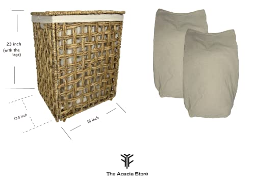 Natural Rectangular Foldable Storage Basket, Laundry hamper with 2 cotton Fitted Bags, 4 Legs, 2 Side Handles, Attached Lid, Made in Vietnam, 23 inch x 13.5 inch x 18 inch