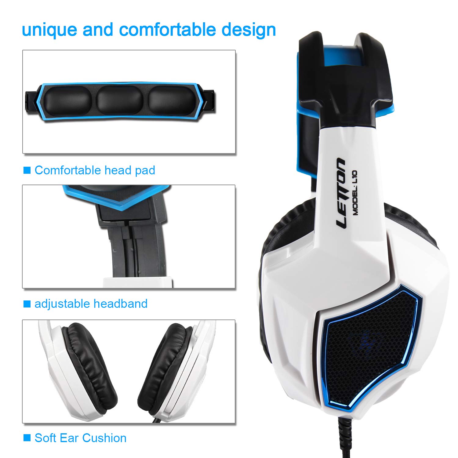 LETTON L10 USB Gaming Headset Stereo Over Ear Wired Headphones Noise Canceling PC Mac Headphones with Microphone and Deep Bass Volume Control (White)