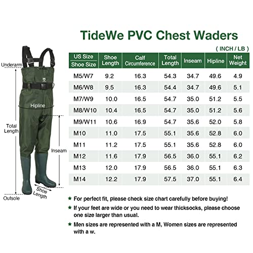 TIDEWE Bootfoot Chest Wader, 2-Ply Nylon/PVC Waterproof Fishing & Hunting Waders with Boot Hanger for Men and Women Green Size 11
