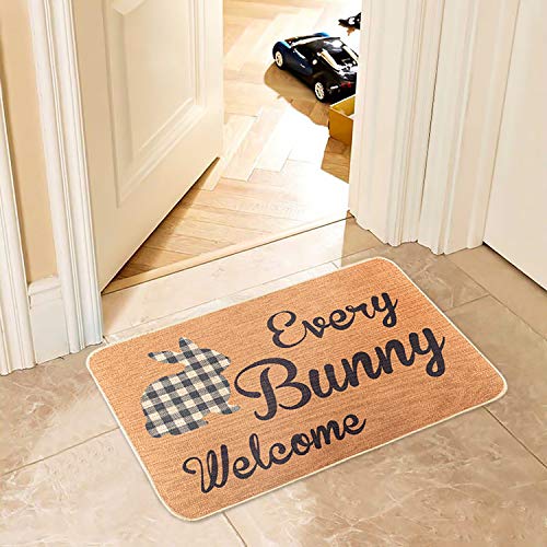 GROBRO7 Easter Door Mat Linen Checkered White and Black Rabbit Carpet Rubber Non-Slip Reusable Entrance Rug Every Bunny Welcome Doormat Gift Decoration Home Decor Indoor Outdoor Mats 22.8’’ x 14.9’’