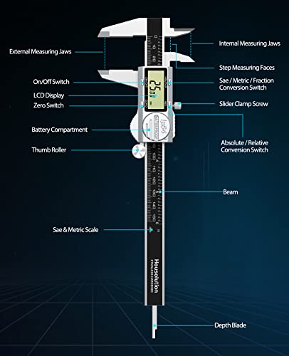 Housolution Digital Caliper, (ABS) Absolute Scale Caliper 6", IP54 Electronic Measuring Tool, Inch/MM/Fraction, Auto-Off LCD Stainless Steel Waterproof Micrometer Vernier Caliper, with Feeler Gauges