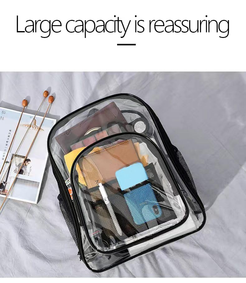 Fei Fan PVC fashion transparent backpack, heavy duty transparent backpack XL, men, women, daily life, work, travel. (Black)