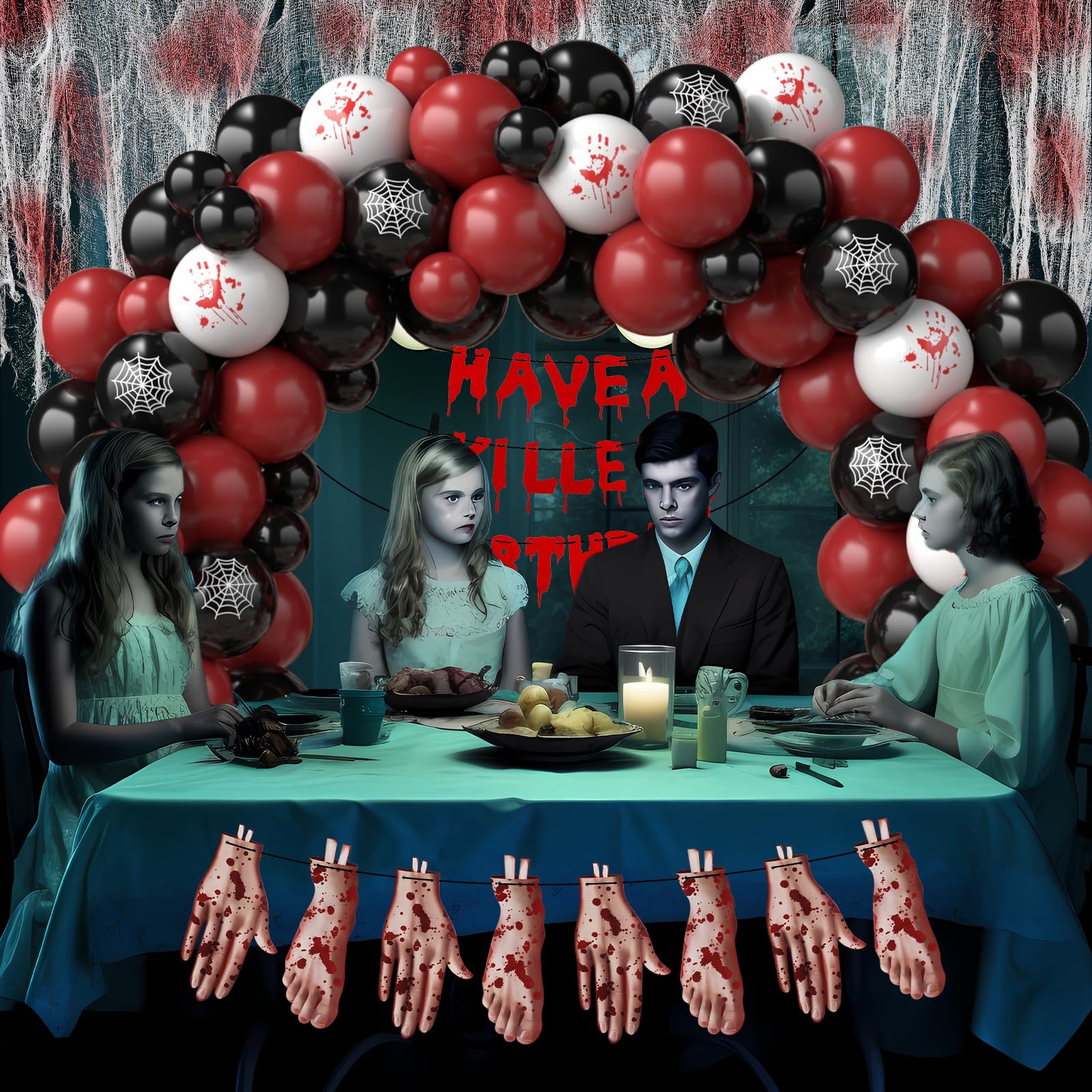 Halloween Balloon Garland with Creepy Cloth & 2 Style Banner - Black Red and Bloody Hand Print White Balloons Different Sizes Balloon Arch Kit for Halloween Scary Birthday Party Decorations Supplies