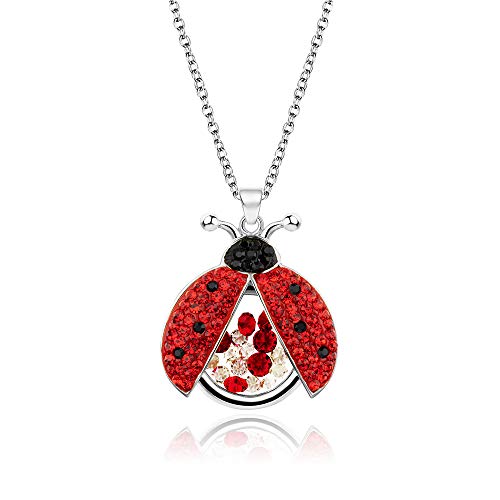superchic Cute Red and Black Ladybug Beetle Pendant Necklace with Cubic Zirconia Floating Crystals for Women/Girl (Silver Plating)