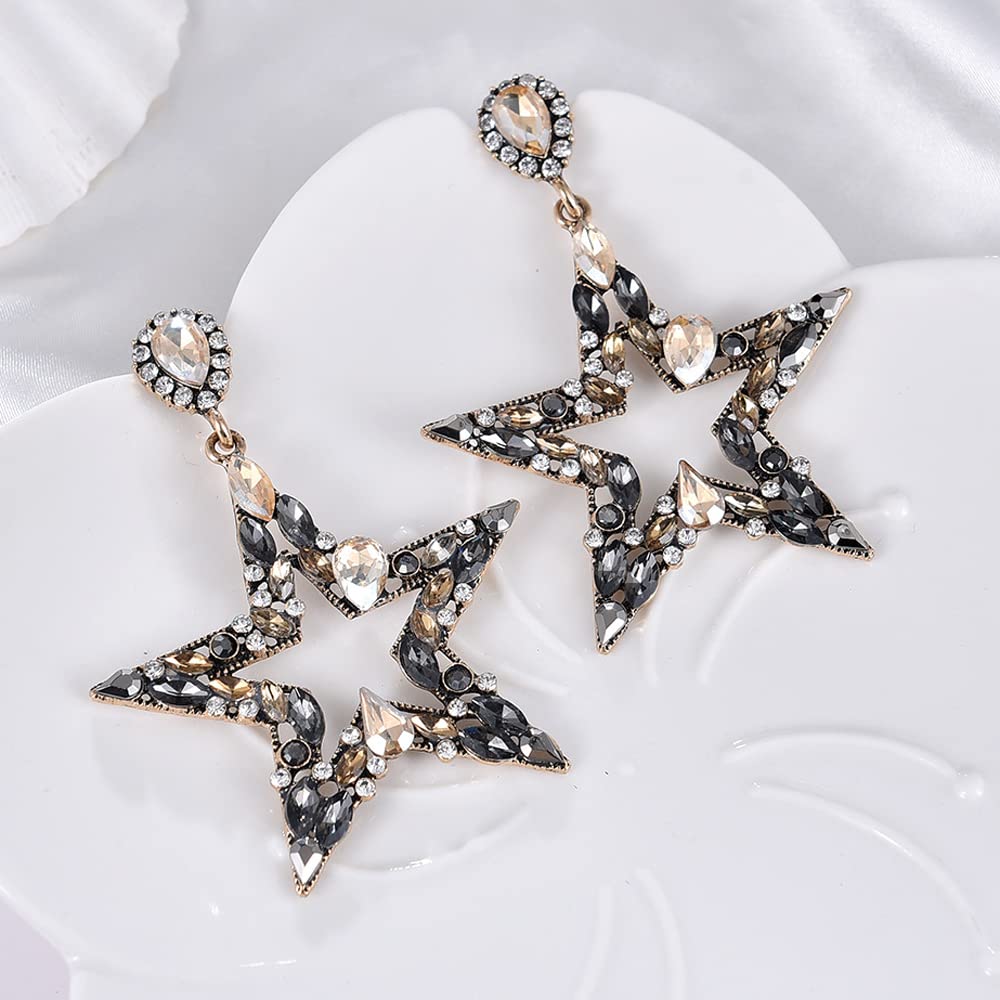 Missgrace Gold Women's Long Sparkling Crystal Drop Earrings Star Rhinestone Dangle Earrings for Bridal Wedding Party Jewelry