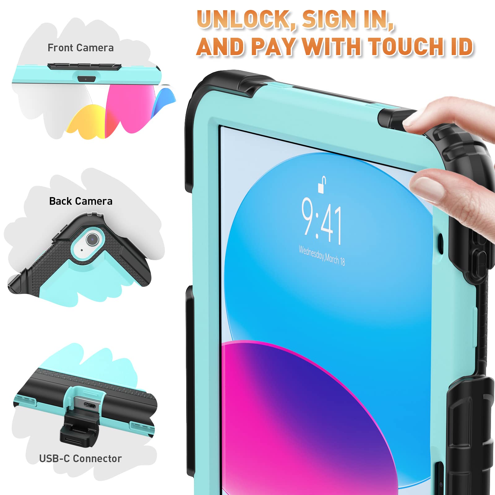 KEYCAUP Case for iPad 10th Generation 10.9 inch, Case for iPad 10 Gen: with Strong Protection, Screen Protector, Hand Strap, Shoulder Strap, 360° Rotating Stand, Pencil Holder - Black