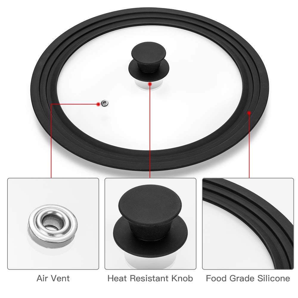 Universal Lid for Pots,Pans and Skillets - Tempered Glass with Heat Resistant Silicone Rim Fits 11", 12" and 12.5" Diameter Cookware ,Black