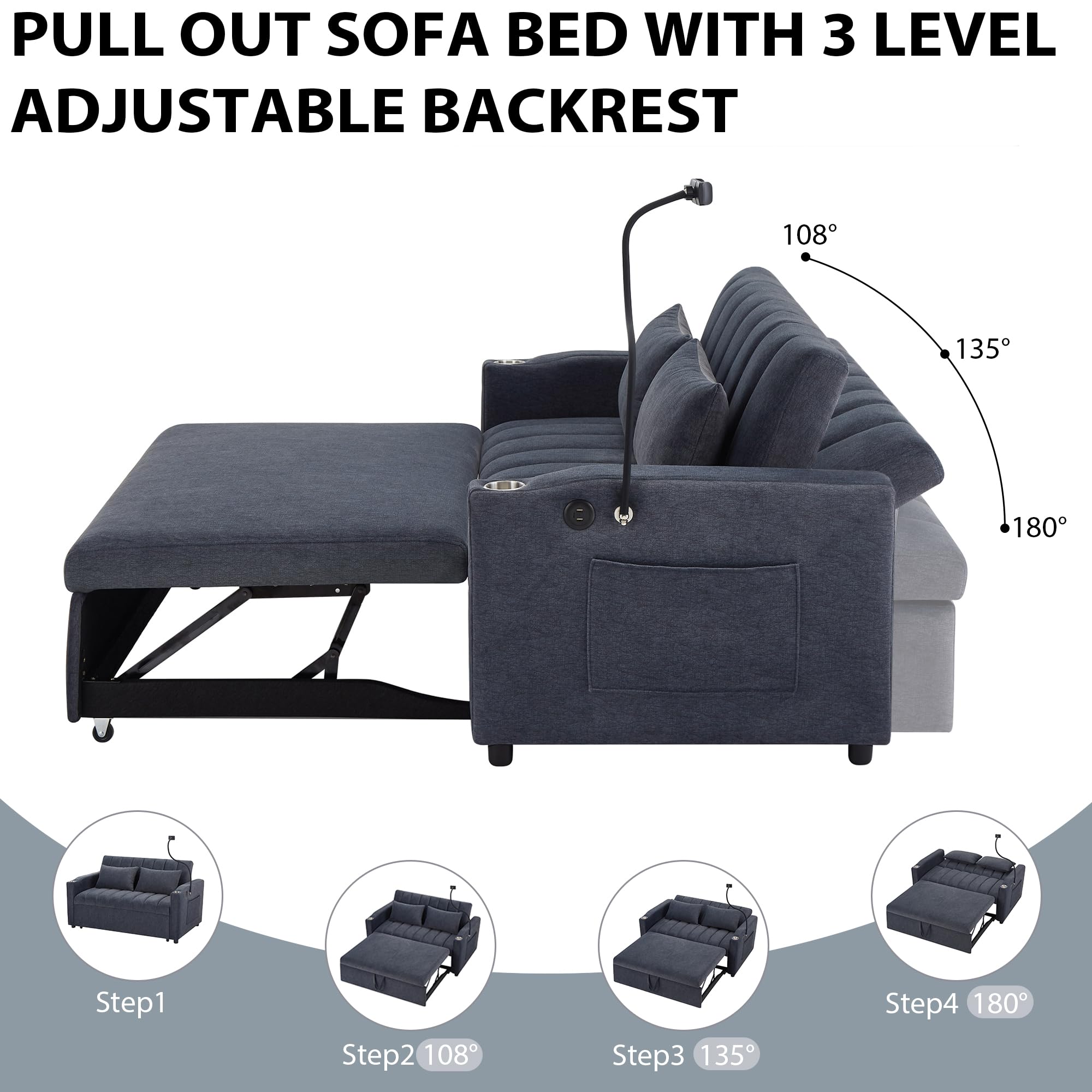 HoRunzelin Convertible Sofa Bed with USB Ports, Cup Holders, Side Pockets, Swivel Phone Holder and 2 Pillows, Bella Fabric Loveseat Sleeper Pull Out Couch, Blue Grey