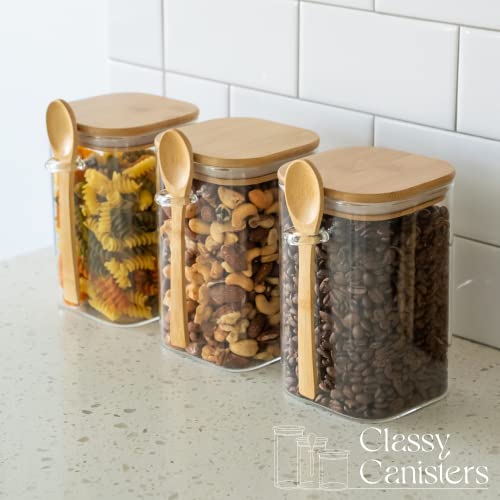 Set of 3 Square Glass Food Storage Containers With Bamboo Lids & Spoons β Decorative Airtight 40 Ounce Borosilicate Glass Food Storage Jars for Coffee, Tea, Sugar, Flour, Candy, Bath Salts & More
