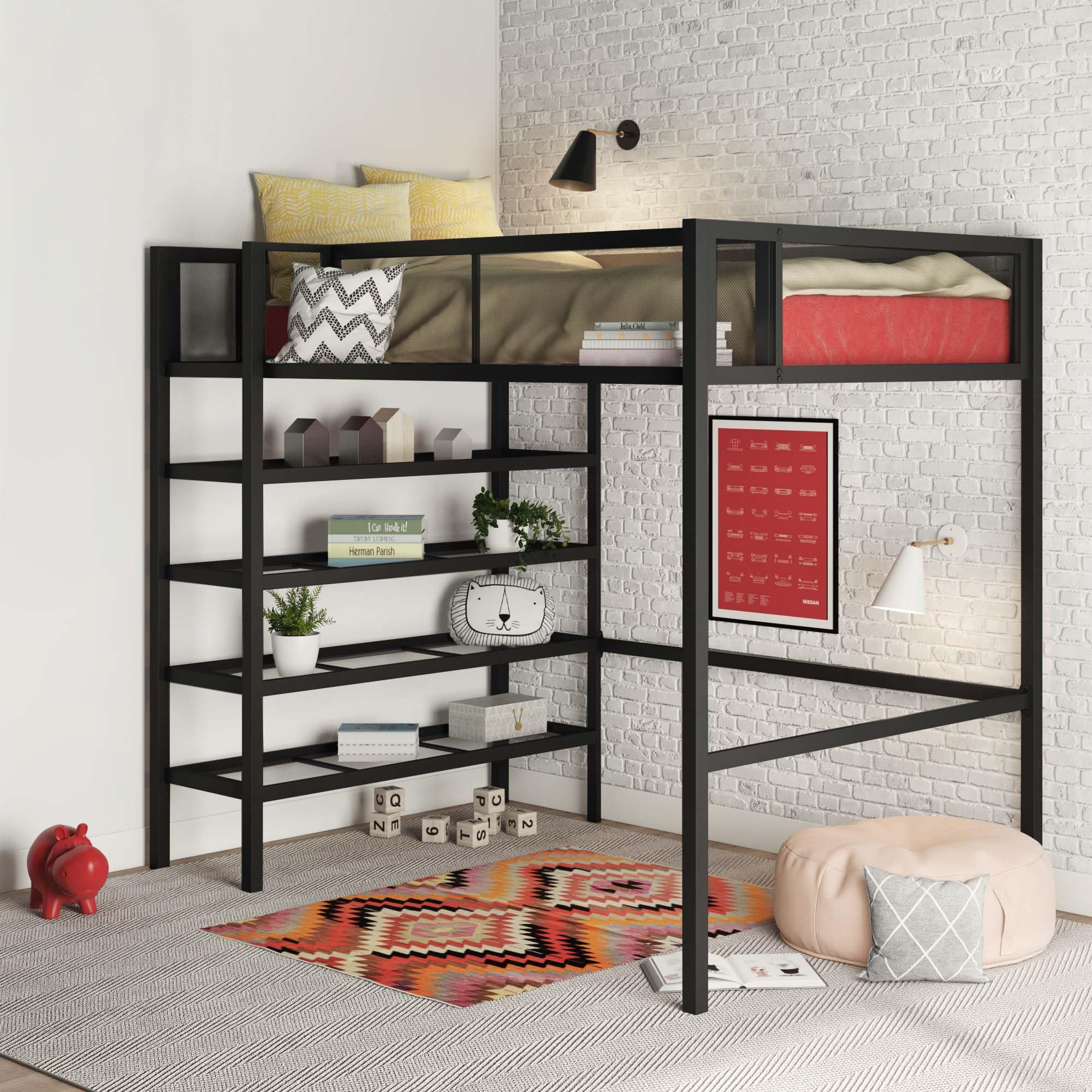 DHP Tiffany Metal Storage Bookcase, Twin Bunk Bed, Silver Loft