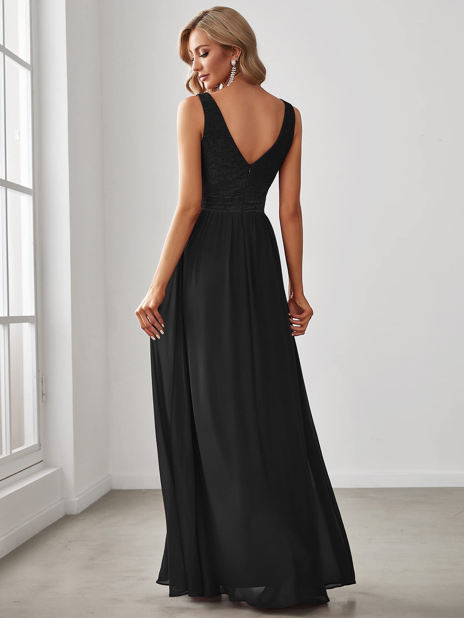Ever-Pretty Double V-Neck Sleeveless Empire Waist Chiffon Formal Dresses for Evening Party Black US16