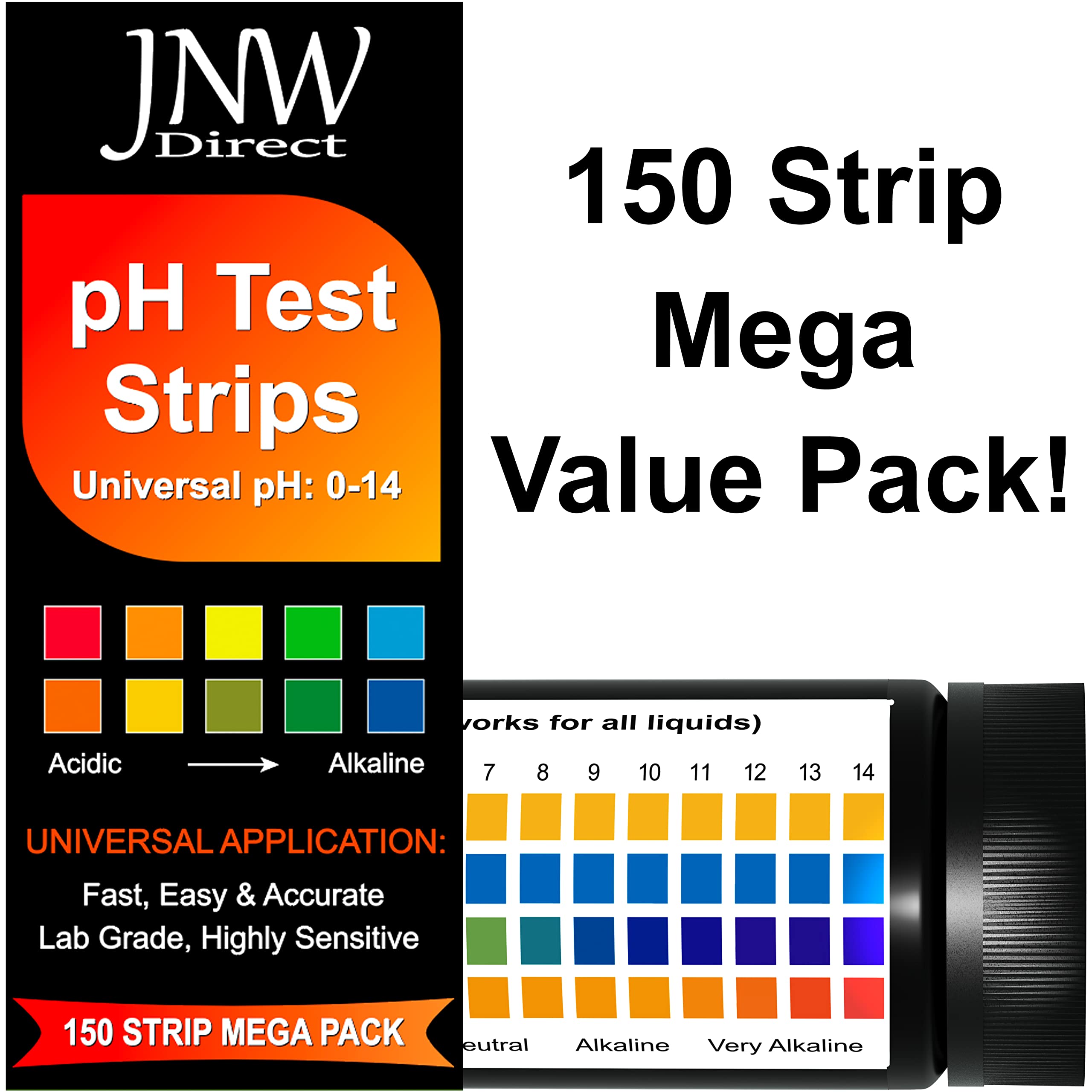 Universal pH Test Strips (0-14) - pH Tester Strips Kit with e-Book - 150 Quick and Easy pH Testing Strips - Ultimate pH Balance Test Strips Kit - 150 Strips by JNW Direct