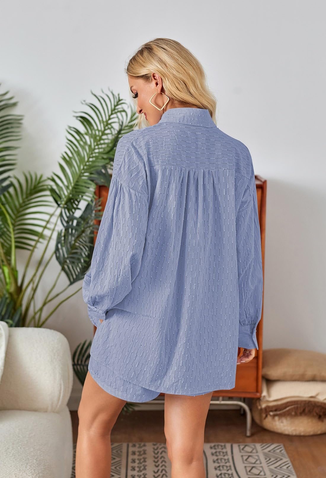 Fixmatti Women's 2 Piece Summer Outfits Long Sleeve Button Down Shirt and Shorts Set Casual Beach Wear Blue XL