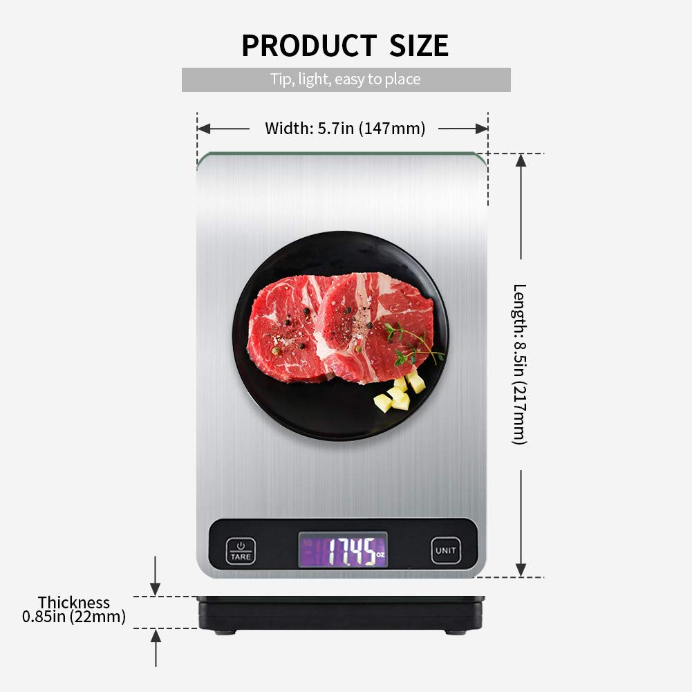 Digital Kitchen Food Scale for Baking,Weight Loss,Grams and Ounces OZ Lb ML,5 Units,1g to 33lb, Stainless Steel with LCD Display,Silver Black (Include AAA Battery)