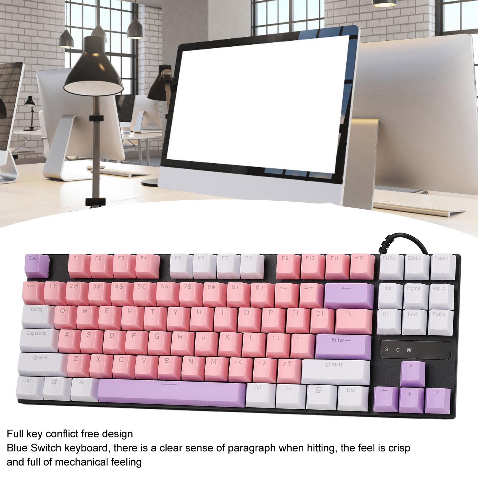 Mechanical Gaming Keyboard, Keyless Conflict Gaming Keyboard with 87 Keys Color Lock for Laptop (Pink Purple)