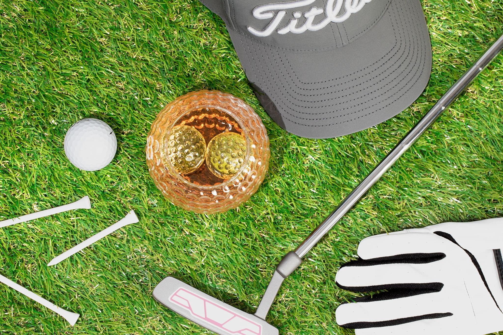 Golf Ball Shaped Whiskey Chillers, Single Whiskey Glass & Storage Bag - Non Lead Crystal Whiskey Stones for Chilling Vodka, Whiskey & Scotch - Fun Cocktail Glasses - Golf Drinking Accessories