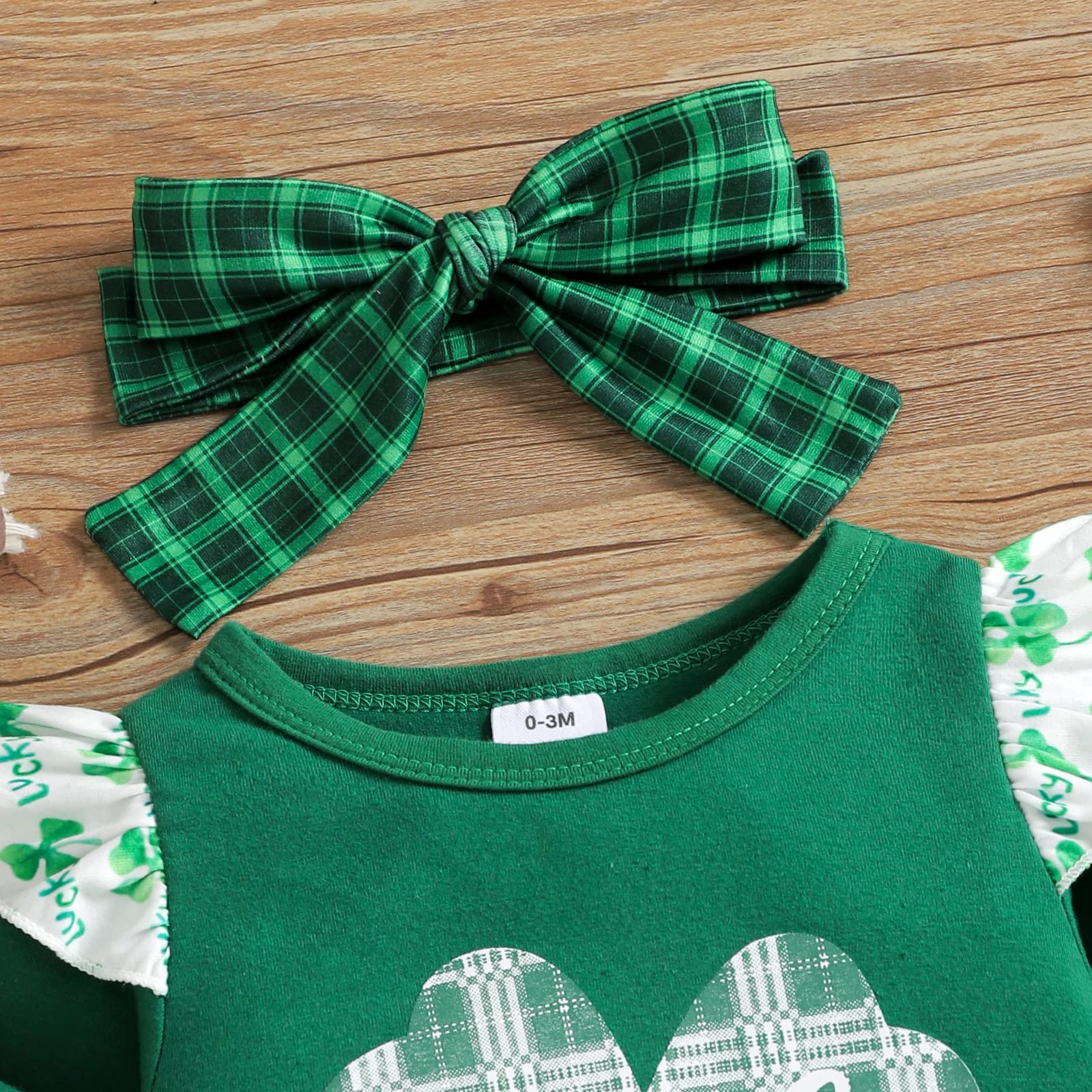Toddler Baby Girl St Patrick 's Day Outfits Long Sleeve Jumpsuit Clover Romper Ruffle Bodysuit One Piece Bodysuit Headband 2Pcs (Green, 0-3 Months)
