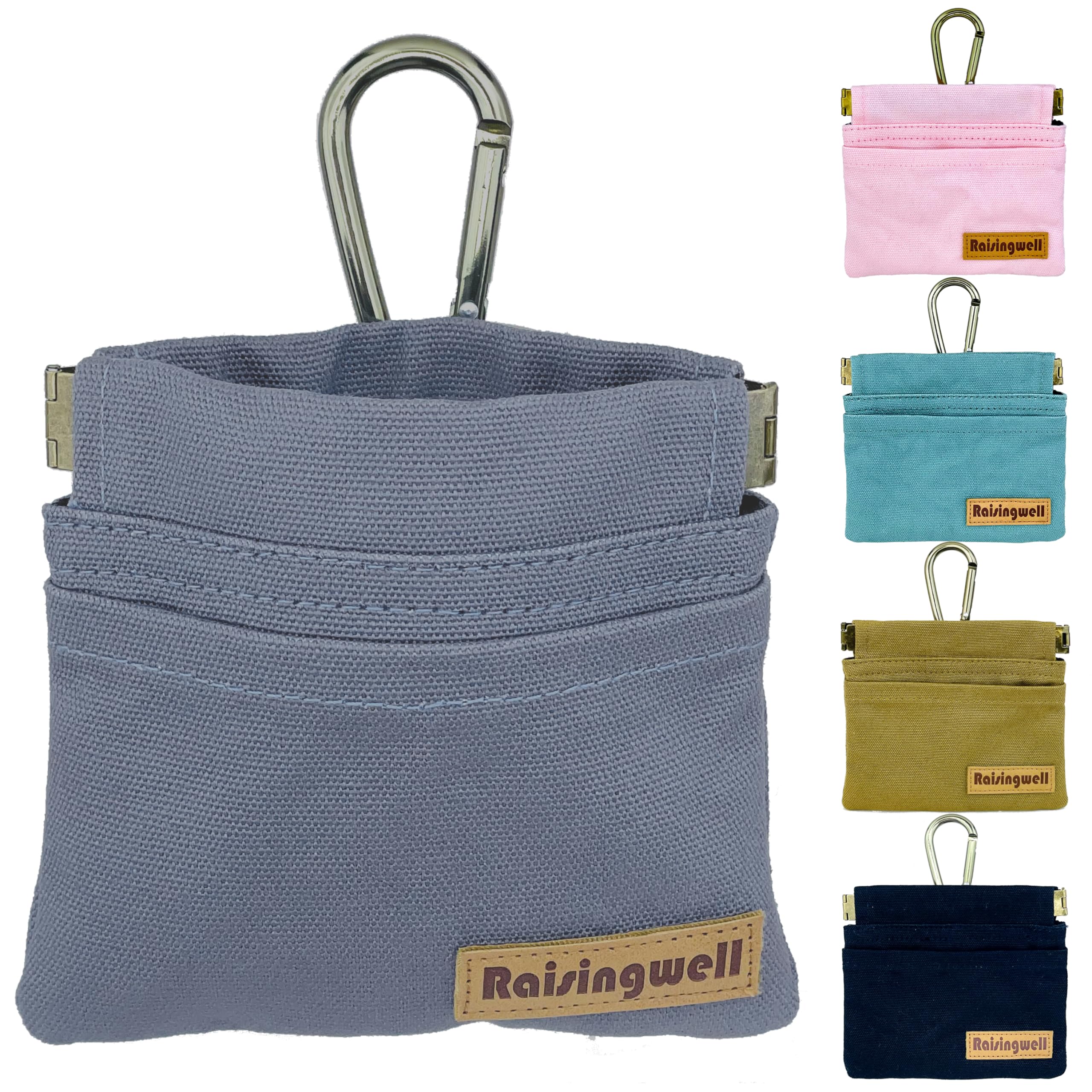 Raisingwell Dog Treat Pouch, Small Cotton Pocket Sized Training Holder, Hand Free Walking Fanny Bag with Carabiner, Self-Closing Pet Feed Snack Reward, Behavior Aids for Puppy Travel or Outdoor (Grey)