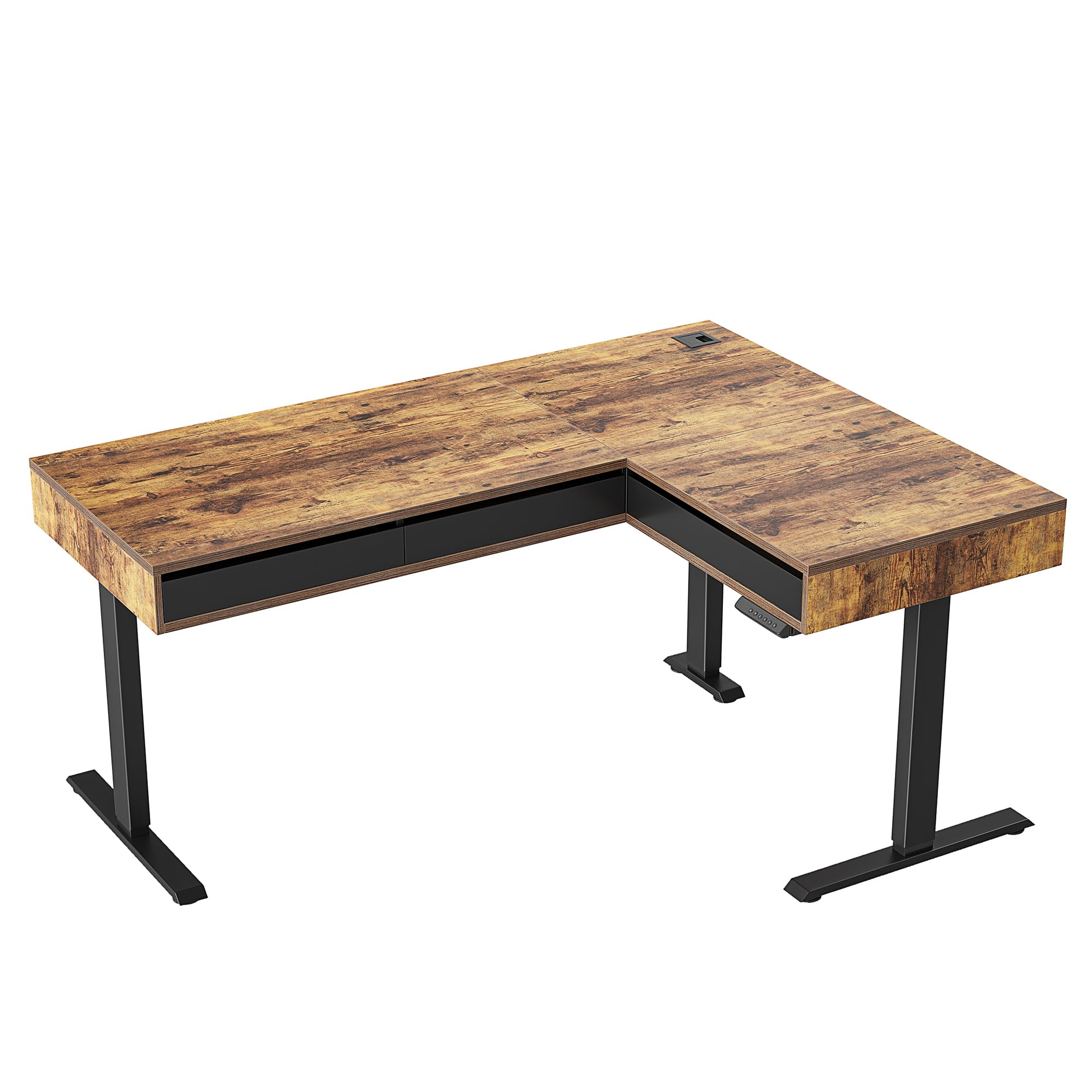 FEZIBO Whole-Piece L Shaped Standing Desk Adjustable Height with 3 Drawers, 63 x 48 Inches Adjustable Desk L Shape, Rustic Brown(2 Packages)