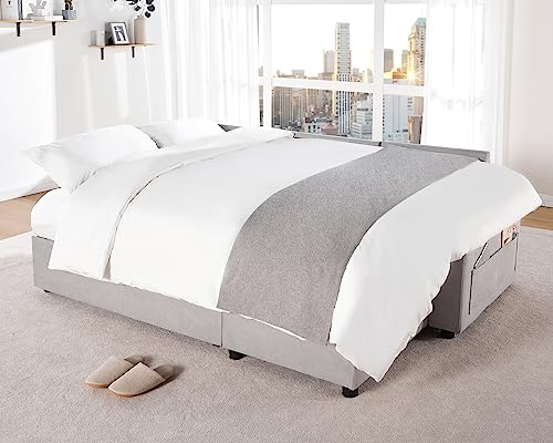 VanAcc Sleeper Sofa, Modern Tufted Convertible Sofa Bed, USB Charging Ports & Cup Holders, L Shaped Sofa Couch with Storage Chaise, Chenille Couches for Living Room (Light Grey)